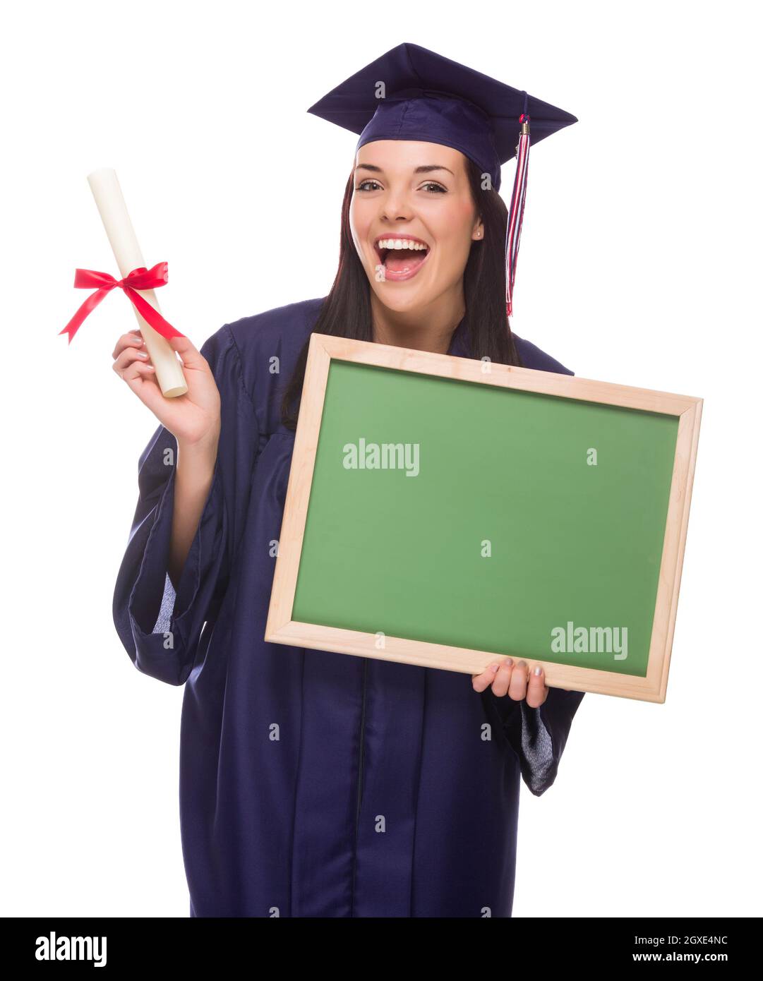 Happy Graduating Mixed Race Female Wearing Cap and Gown Holding a Blank ...