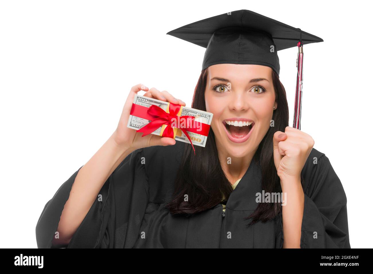 Happy Female Graduate in Cap and Gown Holding Stack of Gift Wrapped ...