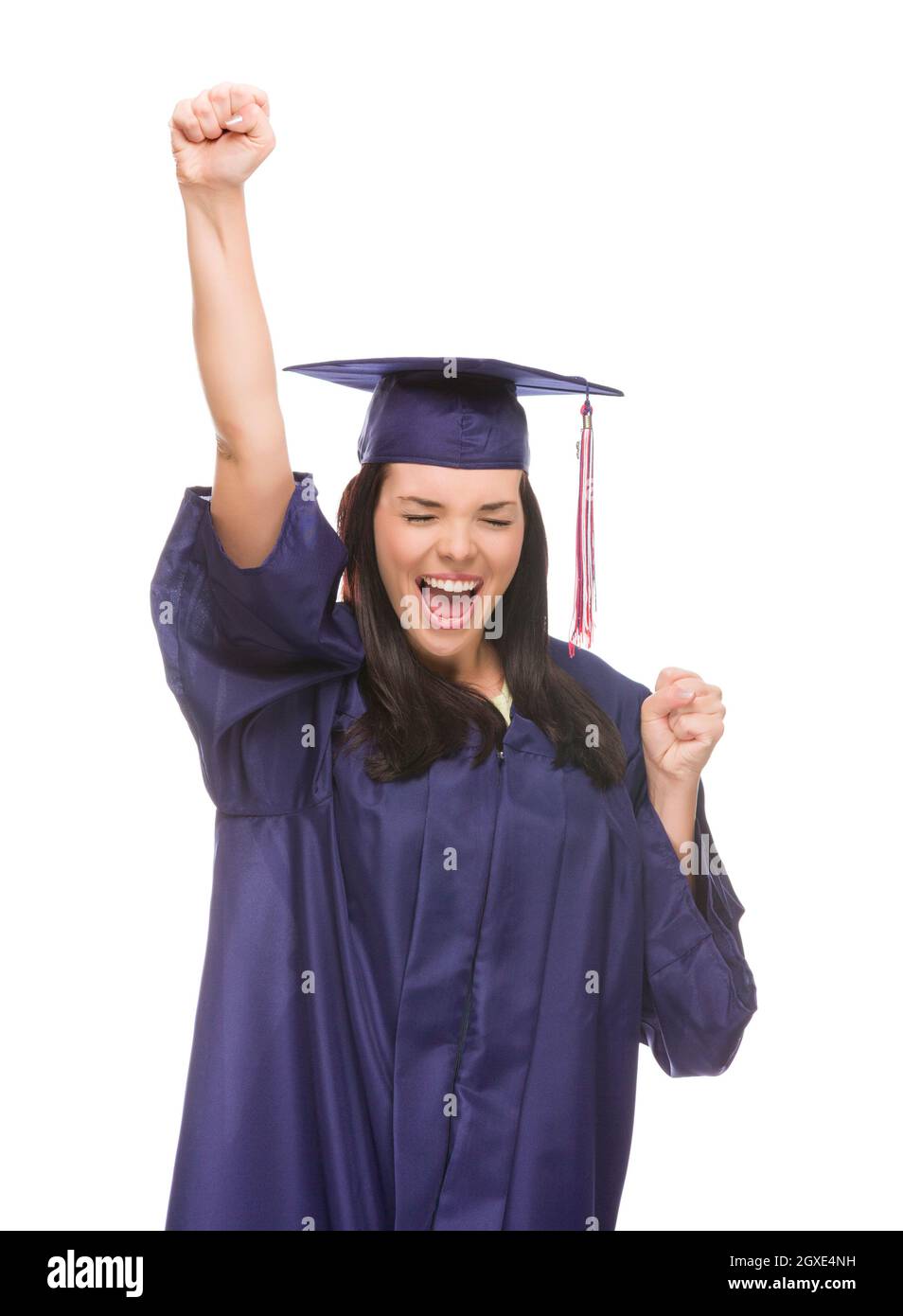 Happy Graduating Mixed Race Female Wearing Cap and Gown Cheering ...