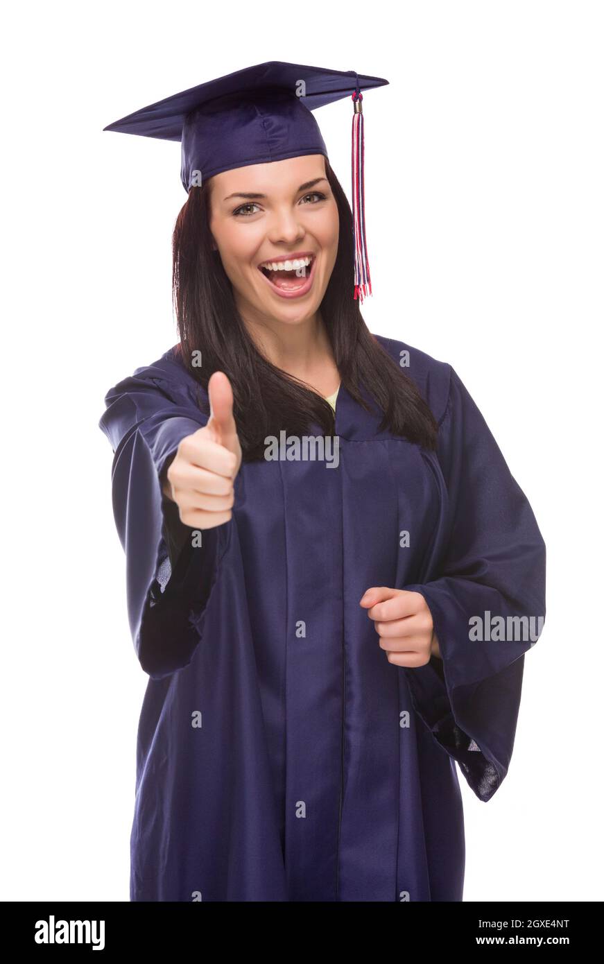 Happy Graduating Mixed Race Female Wearing Cap and Gown with Thumbs Up ...