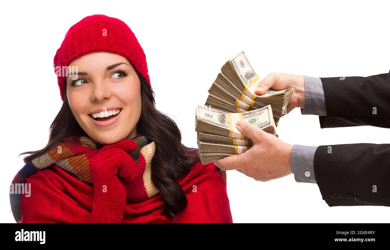 Mixed Race Young Woman Wearing Holiday Clothes Being Handed Thousands ...