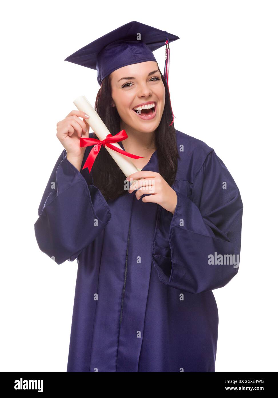 Happy Graduating Mixed Race Female Wearing Cap and Gown with Her ...