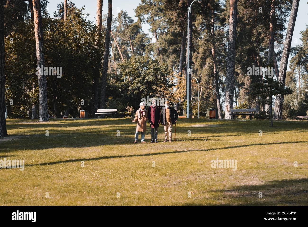 Elderly multiethnic men walking on lawn in autumn park Stock Photo - Alamy