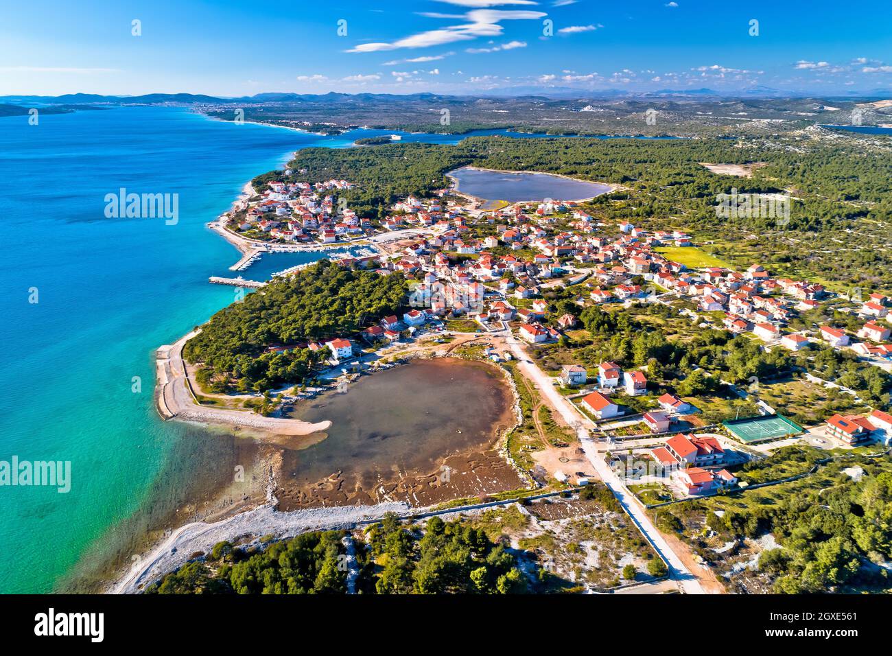 Coastal village of Zablace aerial panoramic view, Sibenik archipelago ...