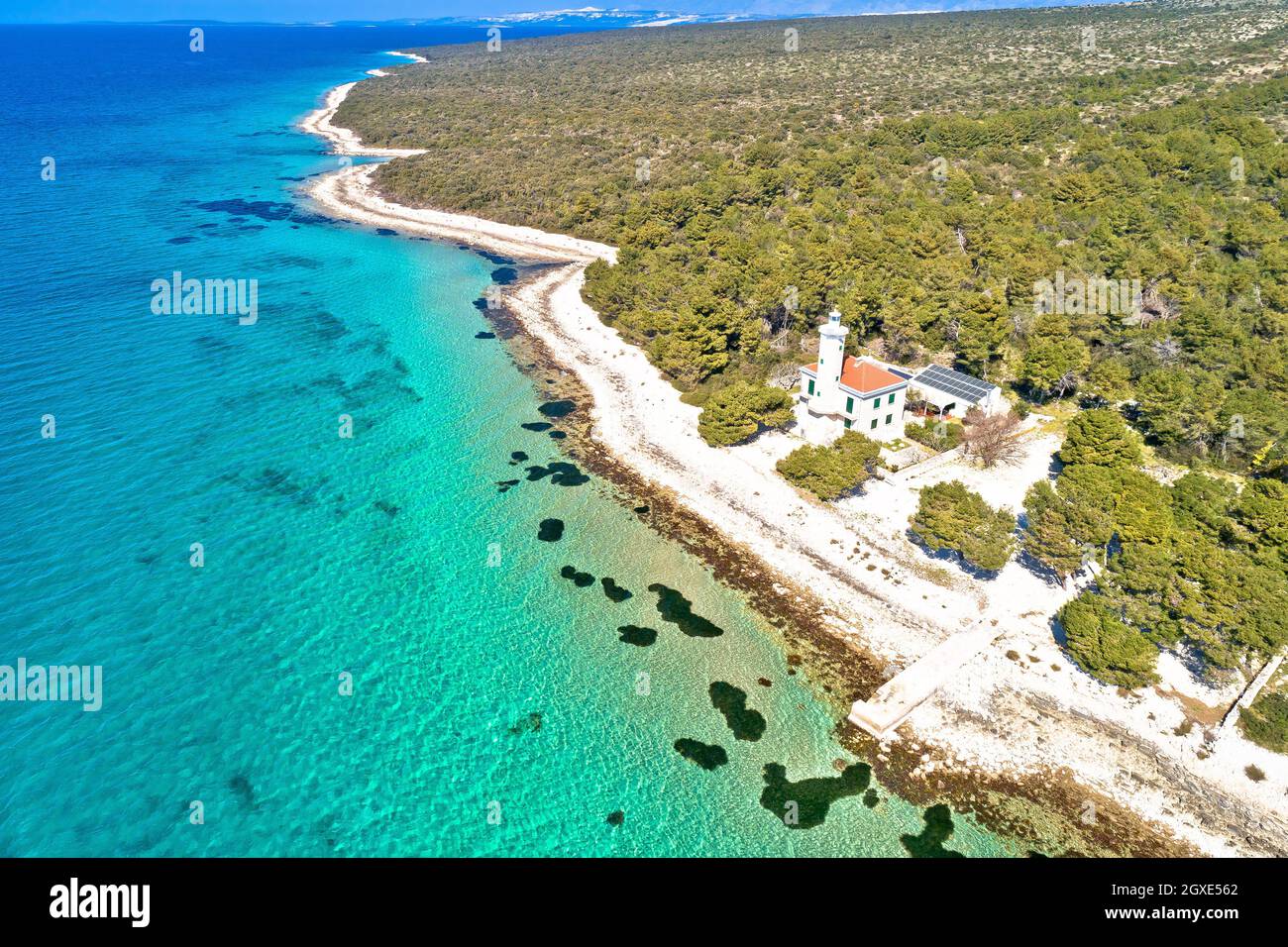 Island of Vir archipelago lighthouse and beach aerial panoramic view ...