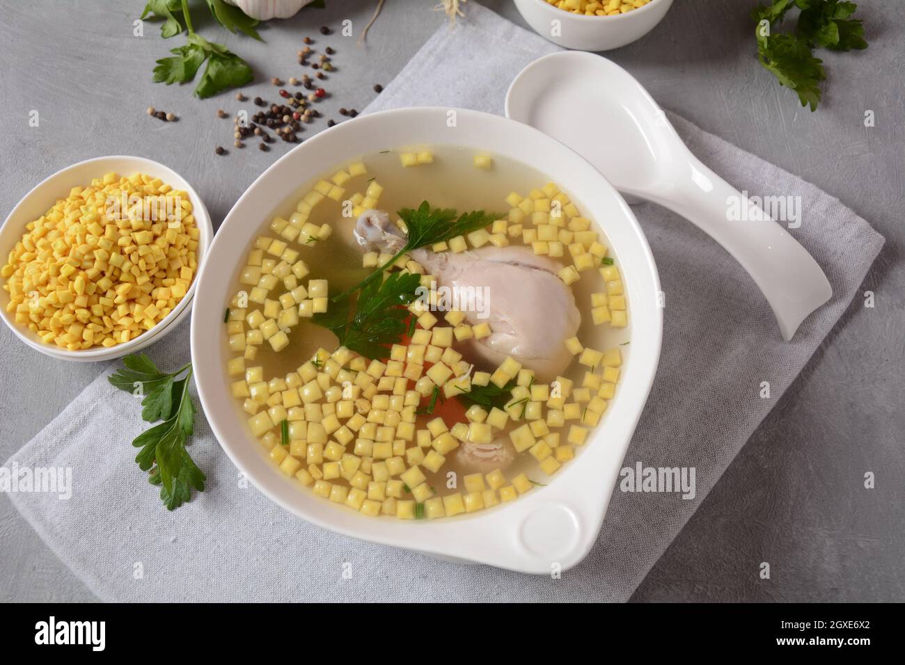 Chicken soup , chicken broth, with pieces of chicken and vegetables and ...