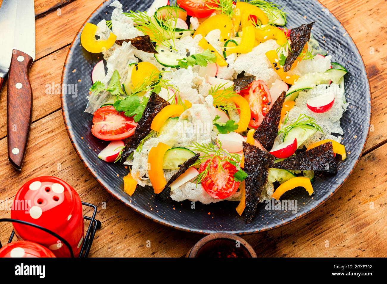 Spring fresh vegetable salad on rice paper.Vegetable oriental salad ...