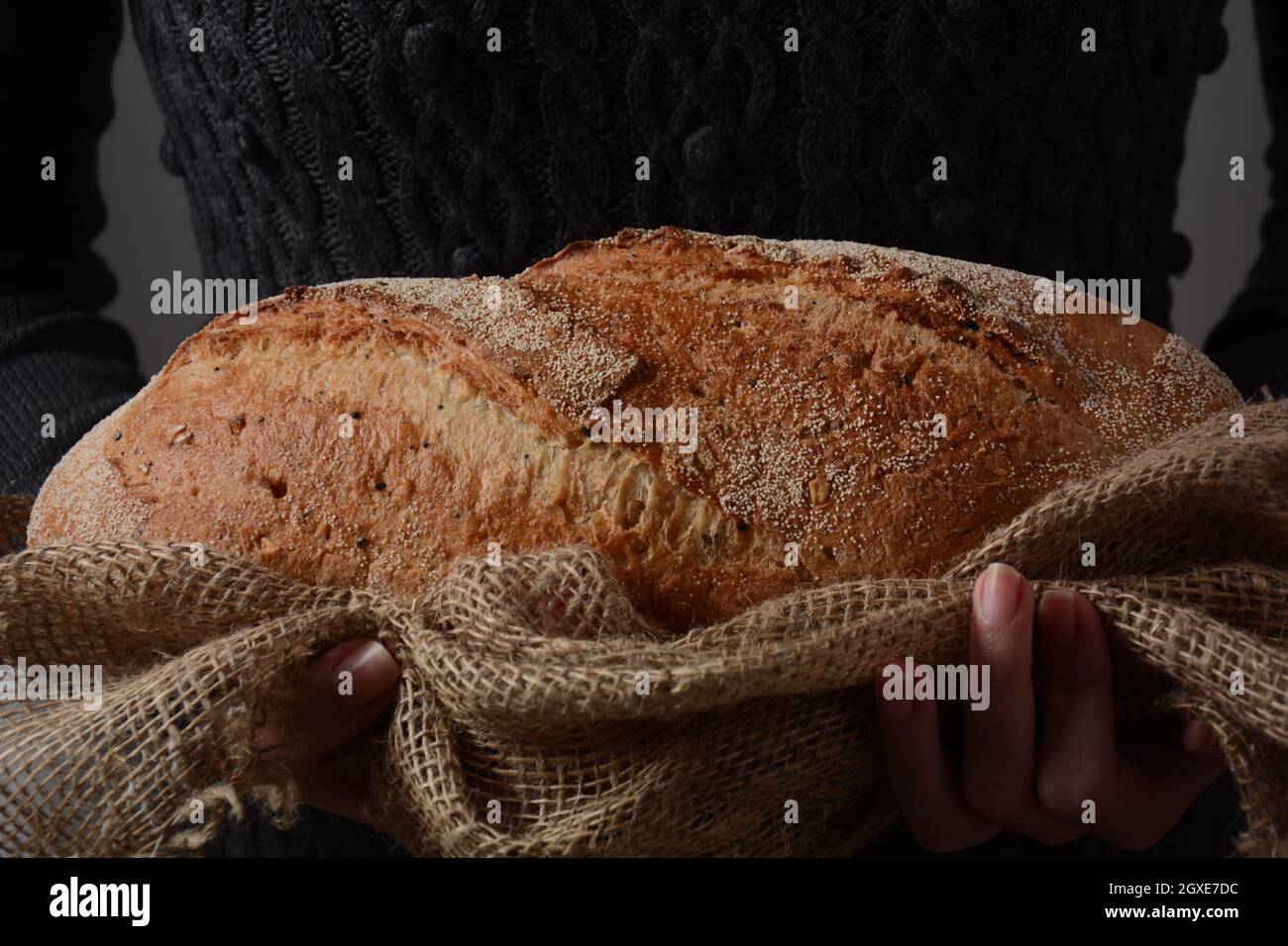 Brown fresh hot Rye bread in a tender girl's hands. Dark wall on a ...