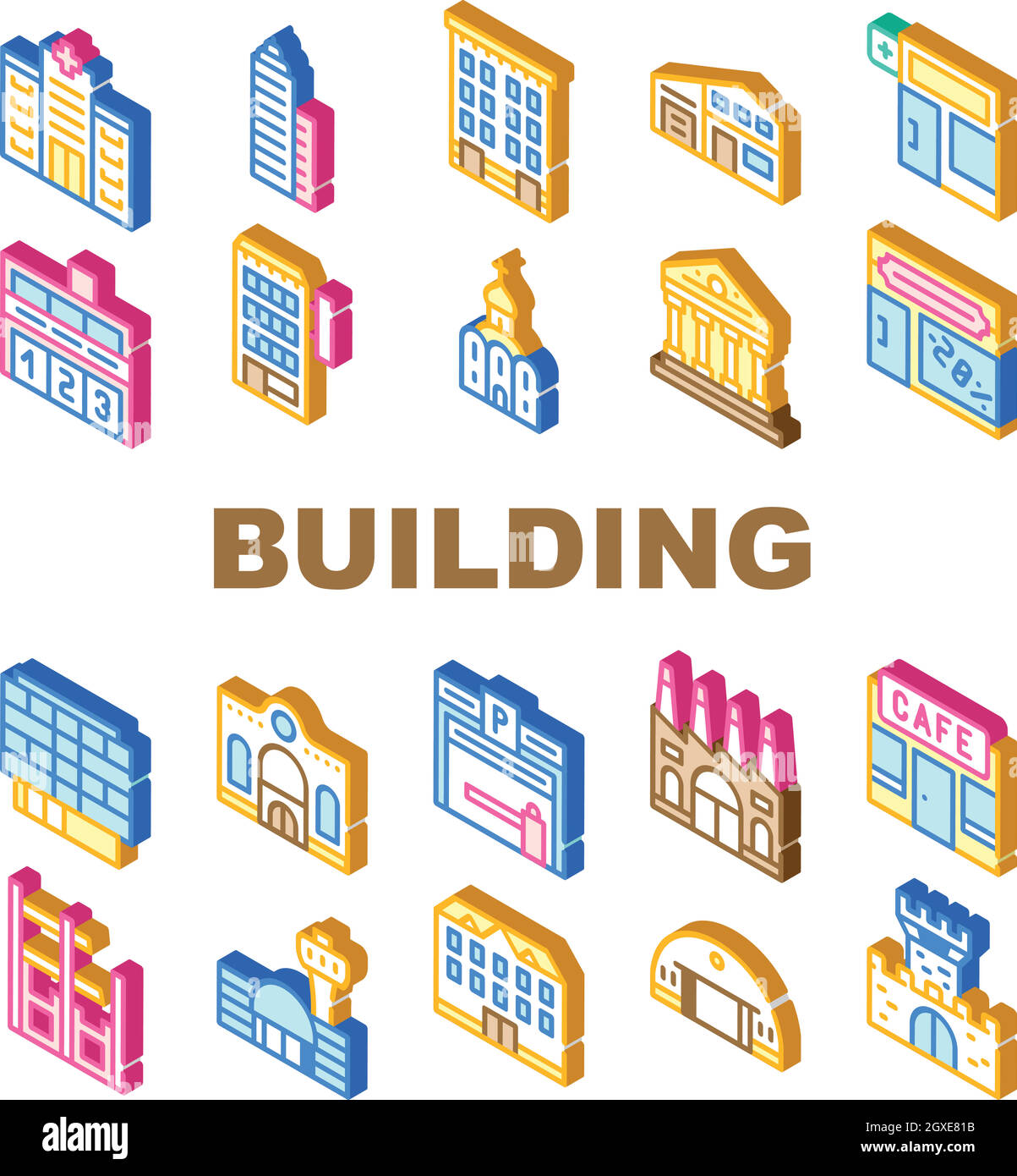 Building Architecture Collection Icons Set Vector Illustrations Stock ...