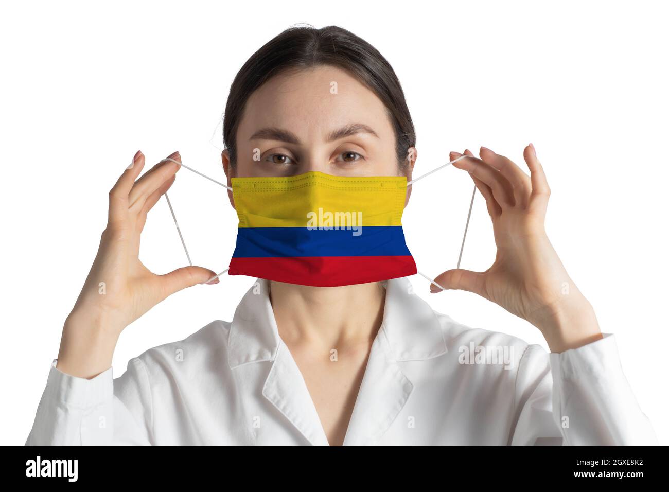 Respirator with flag of Colombia Doctor puts on medical face mask ...