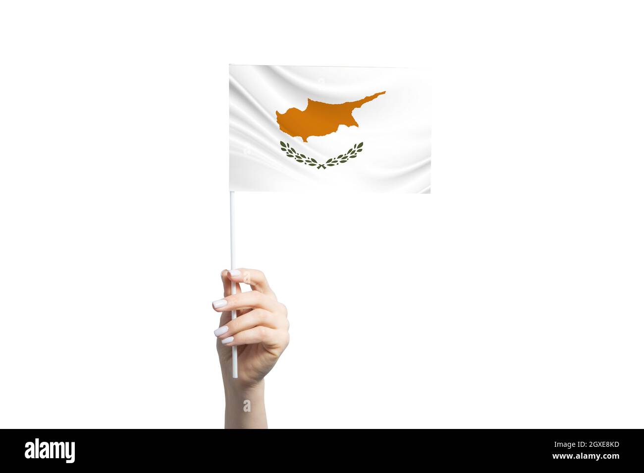 Beautiful female hand holding Cyprus flag, isolated on white background ...