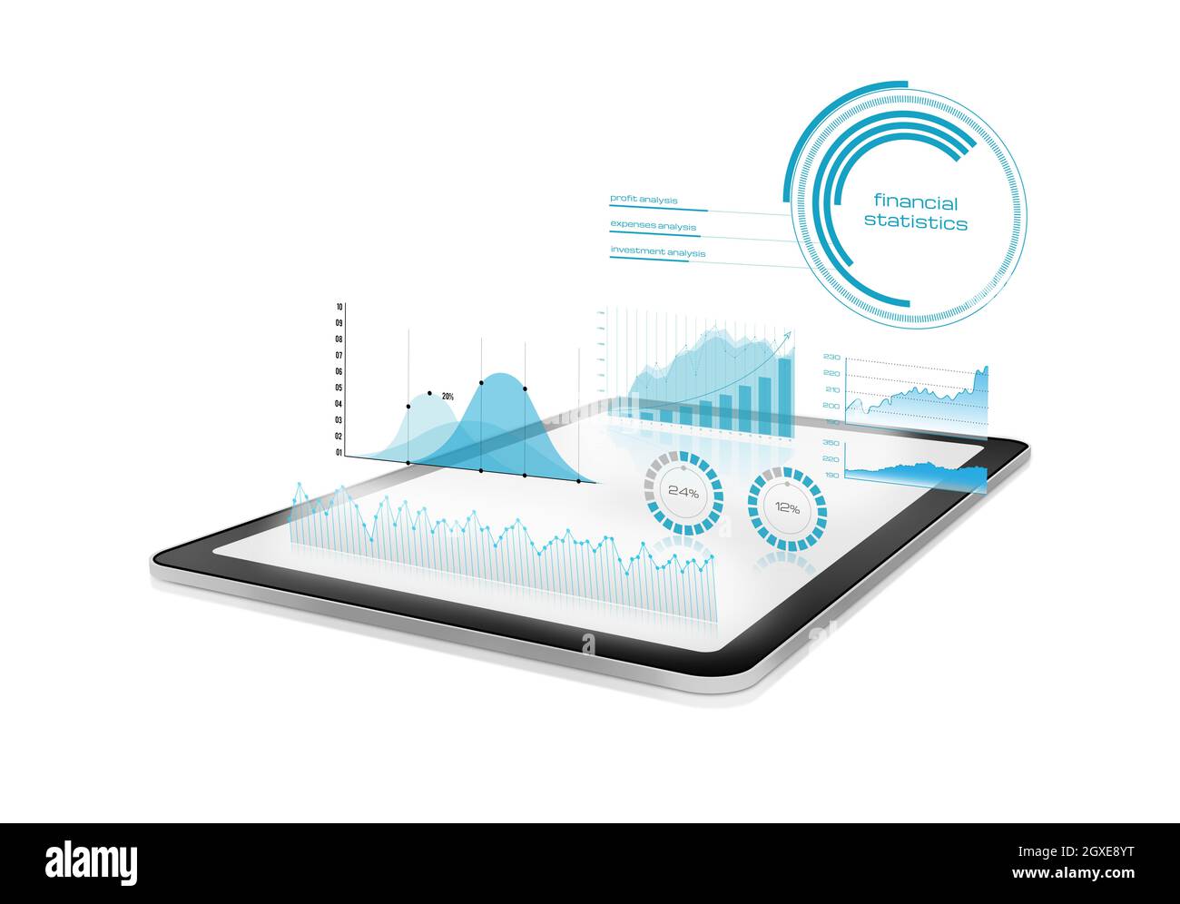 Diagrams and charts projected from a digital tablet on white background ...