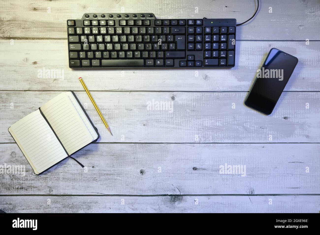 flat desktop in wood office at home. High quality photo Stock Photo - Alamy