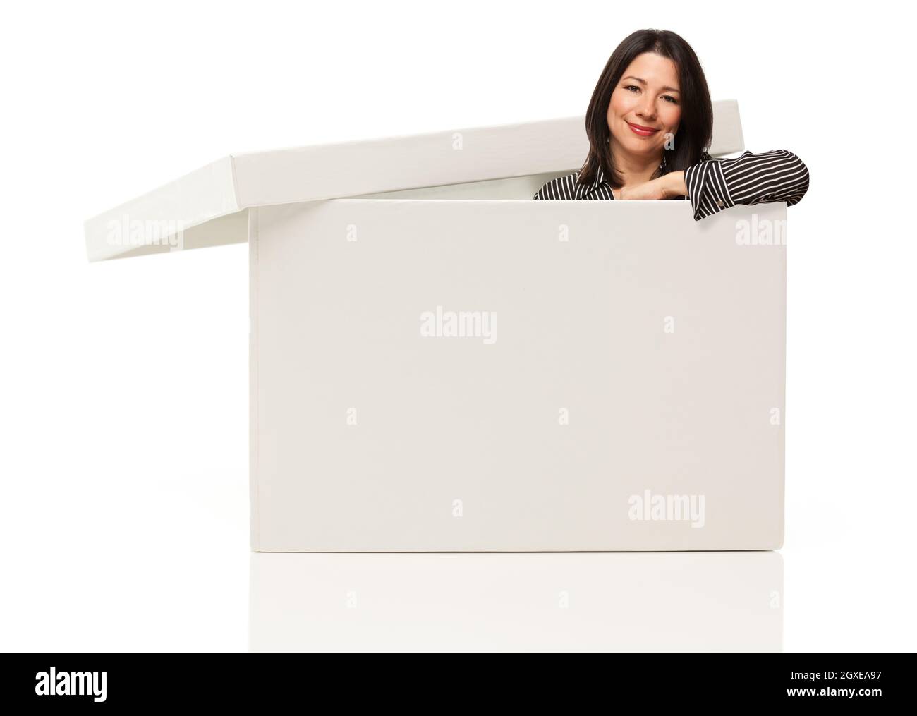 Pretty Multiethnic Woman Standing Inside Blank White Box Isolated on a ...
