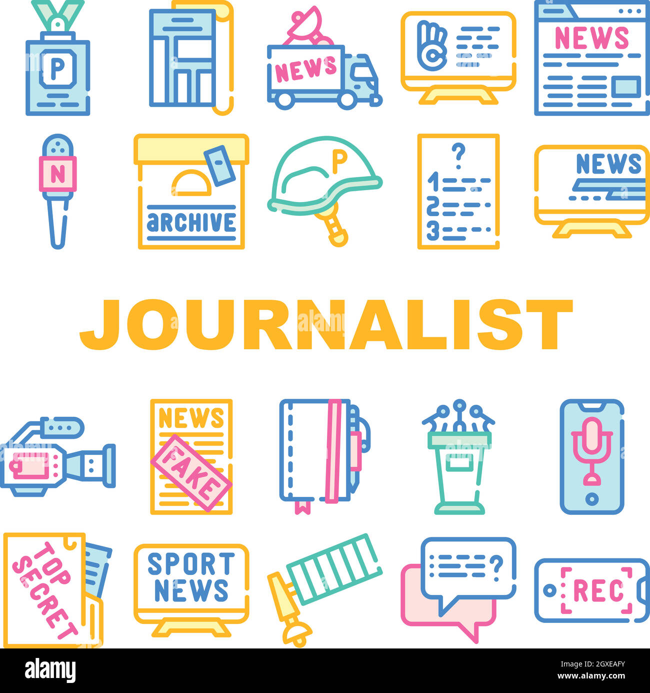 Journalist Accessories Collection Icons Set Vector Illustrations Stock ...