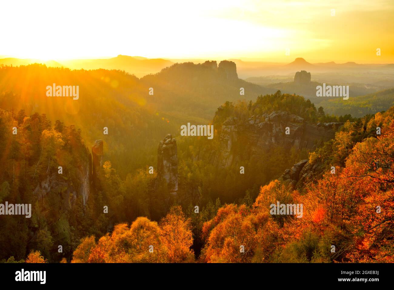 Saxon switzerland fairy tale view from carola rock orange sunset ...