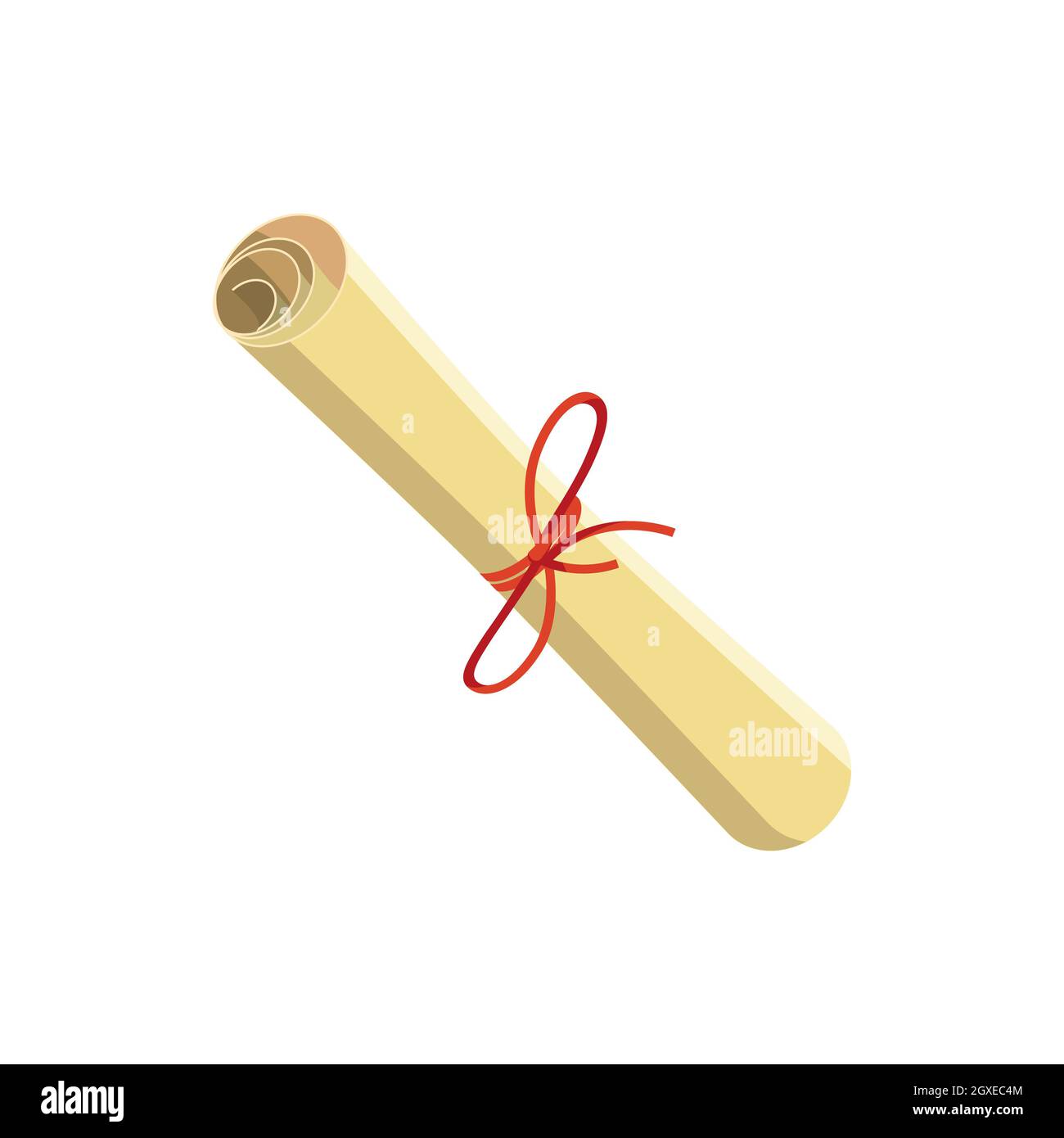 Rolled paper with red tape icon in cartoon style on a white background ...