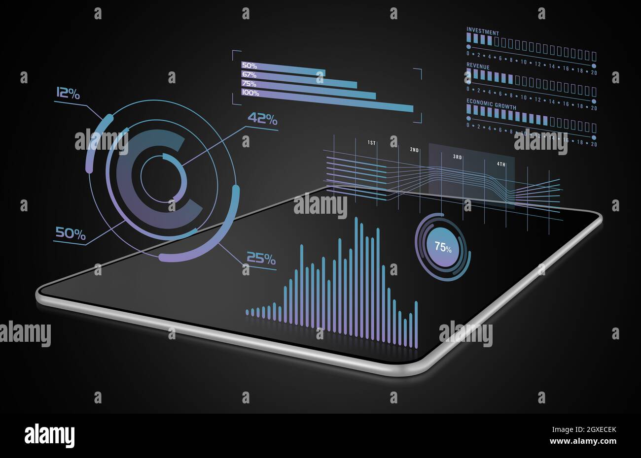 Futuristic diagrams and chart projections on a digital tablet Stock ...