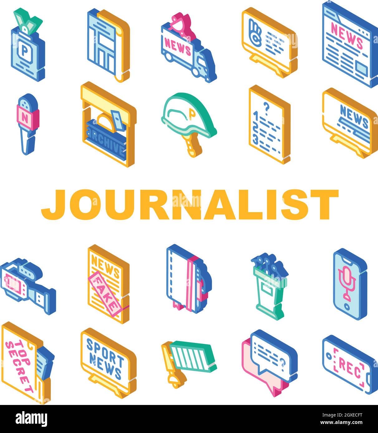 Journalist Accessories Collection Icons Set Vector Illustrations Stock ...