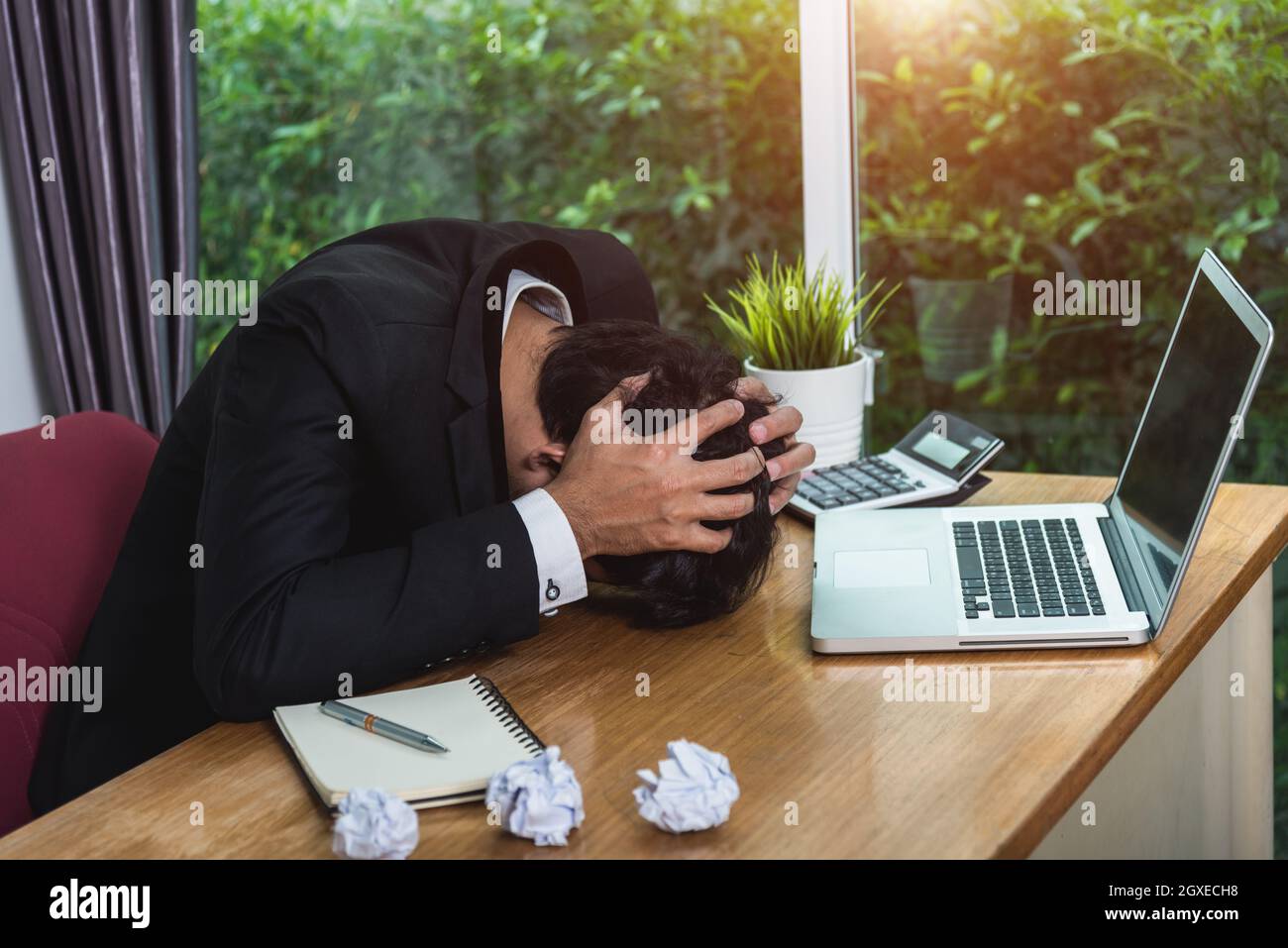 Business man stress, deadline fault fail problems on laptop computer ...