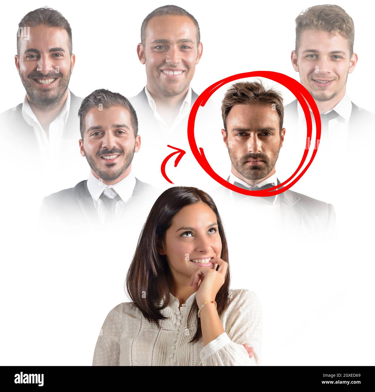 A businesswoman think which man colleague choose Stock Photo - Alamy