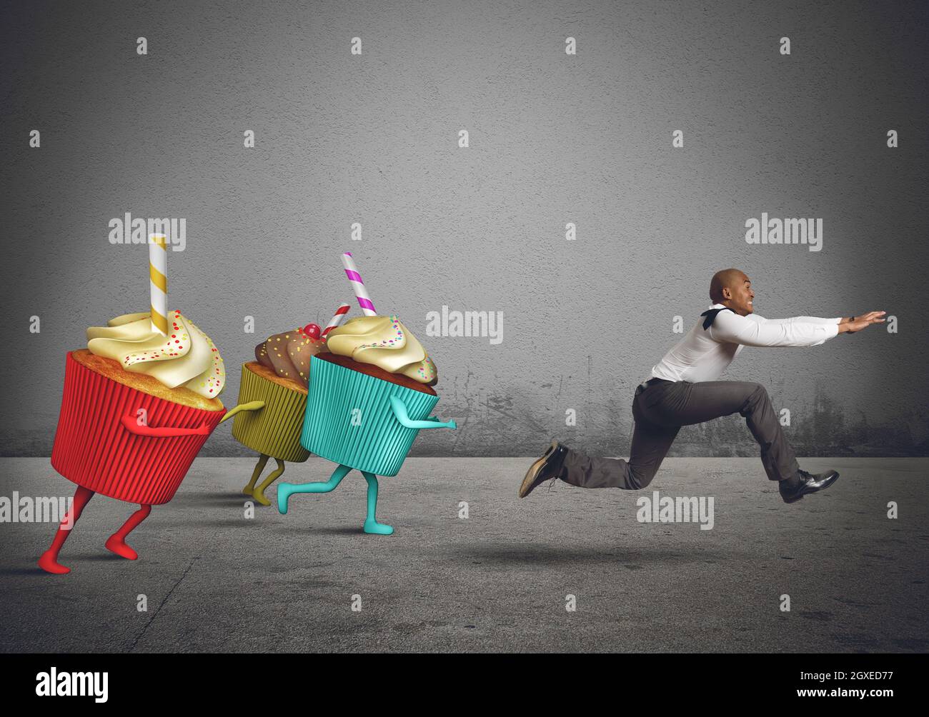 Man runs away from sweets and calories Stock Photo - Alamy