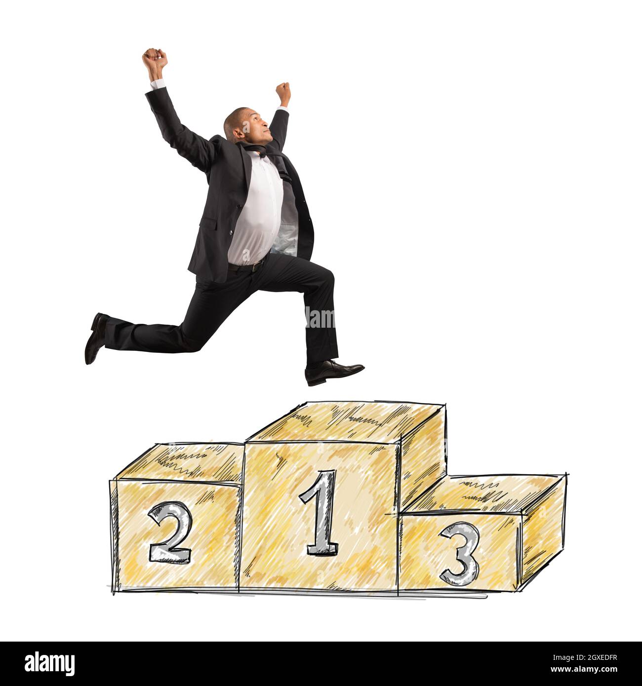 A businessman jumping on the work podium Stock Photo - Alamy