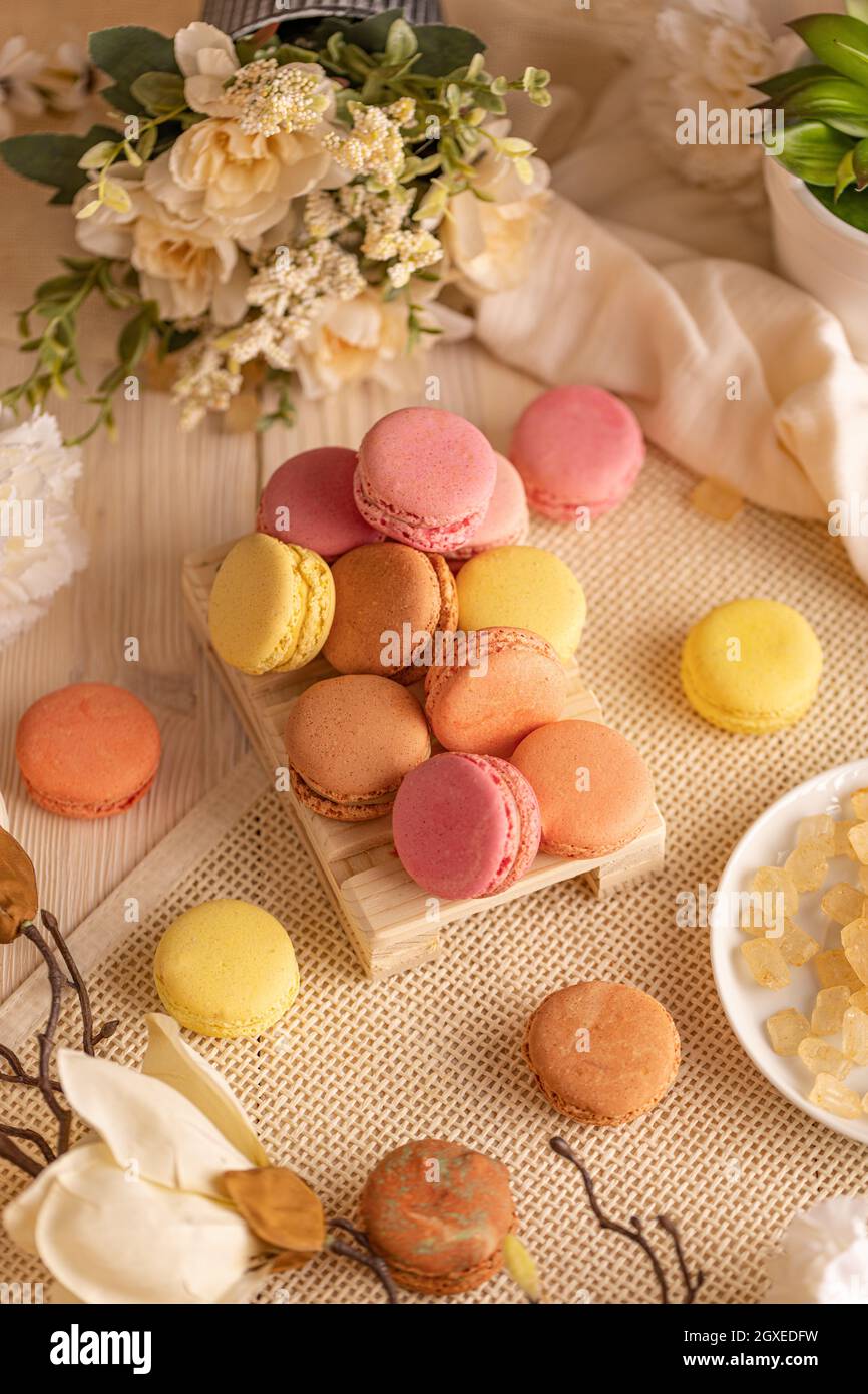 French macaron assortment on pastel still life compopsition Stock Photo ...