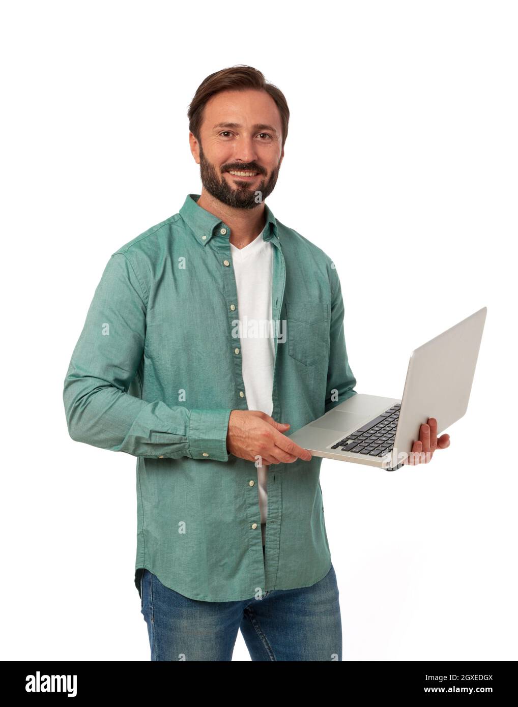 Young man with laptop, white background Stock Photo - Alamy