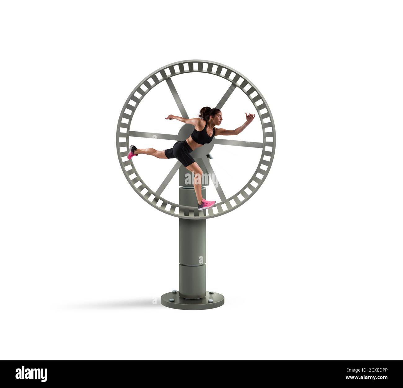 Athletic woman runs in a looping wheel like a hamster. concept of sport ...