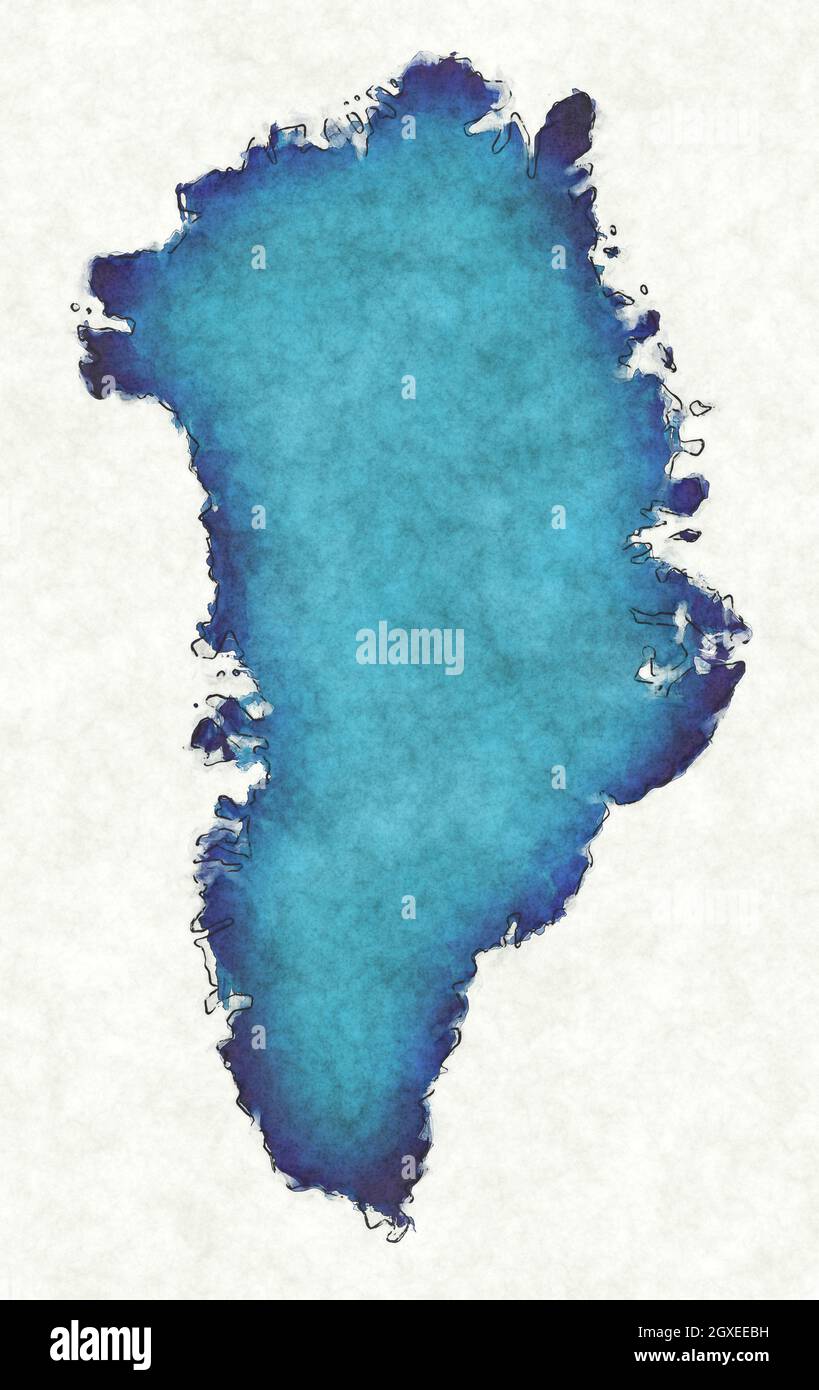 Greenland map with drawn lines and blue watercolor illustration Stock ...