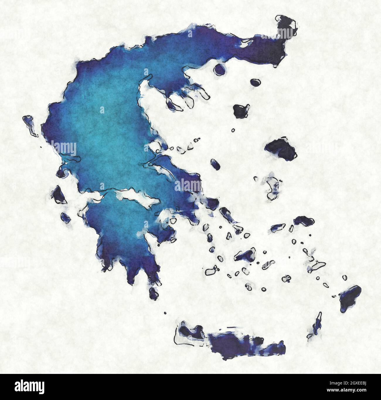 Greece map with drawn lines and blue watercolor illustration Stock ...