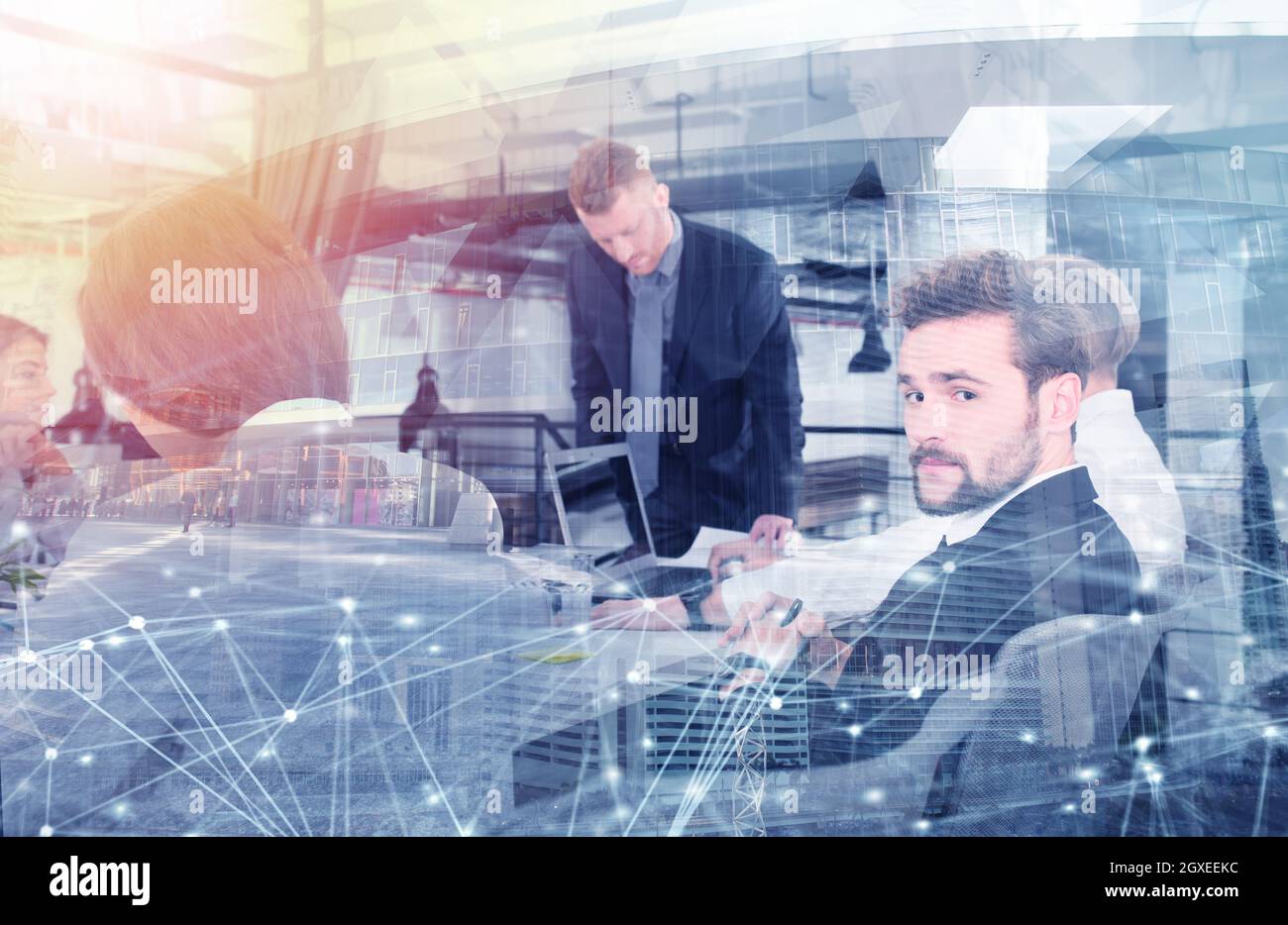 Business people work together in office with network effects. Concept ...