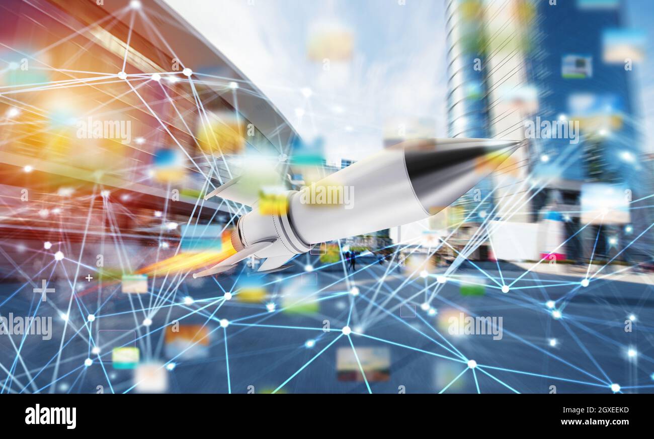 Rocket fly fast with internet connection network background and ...