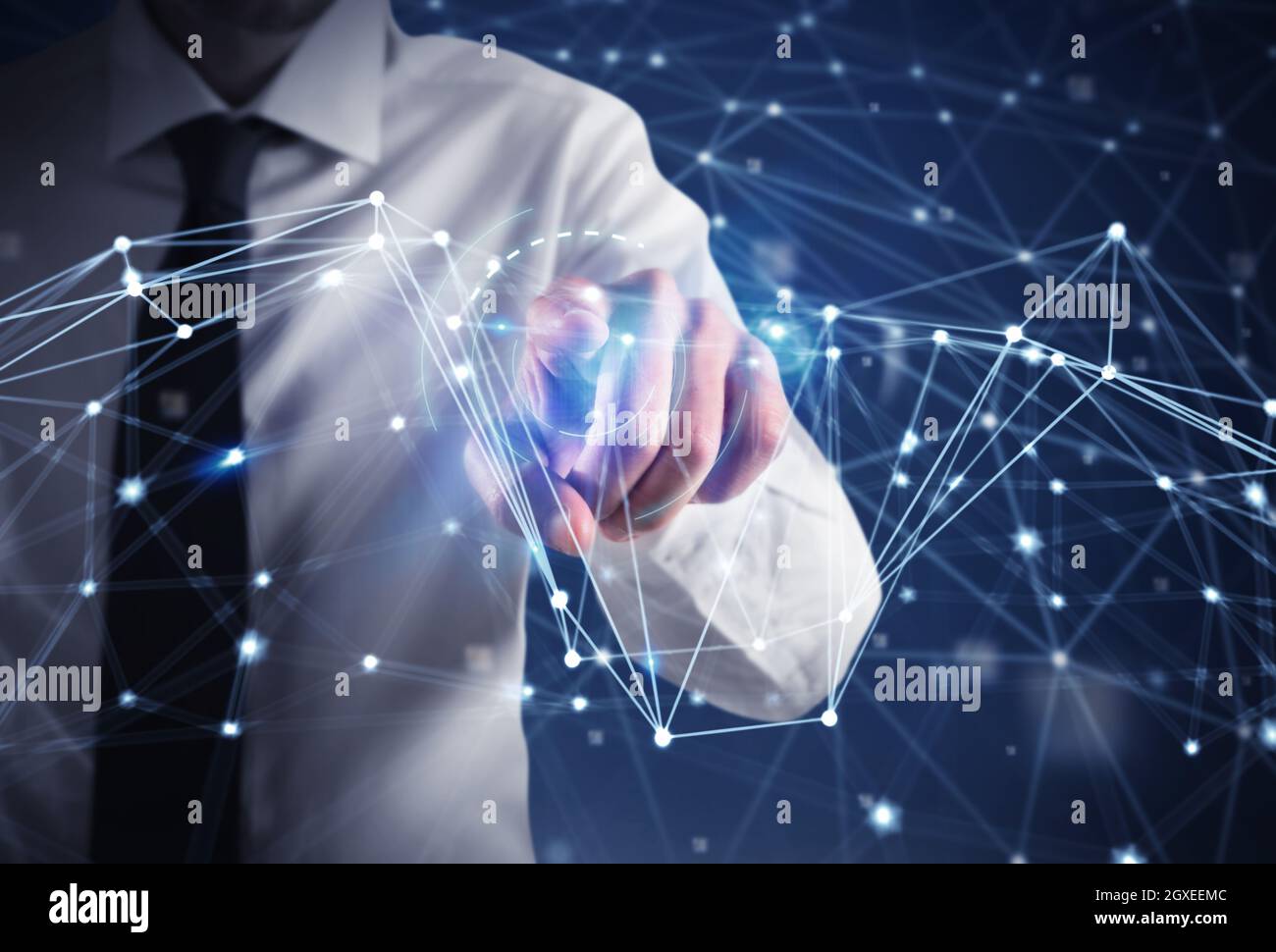 Businessman works with futuristic internet network interface Stock ...