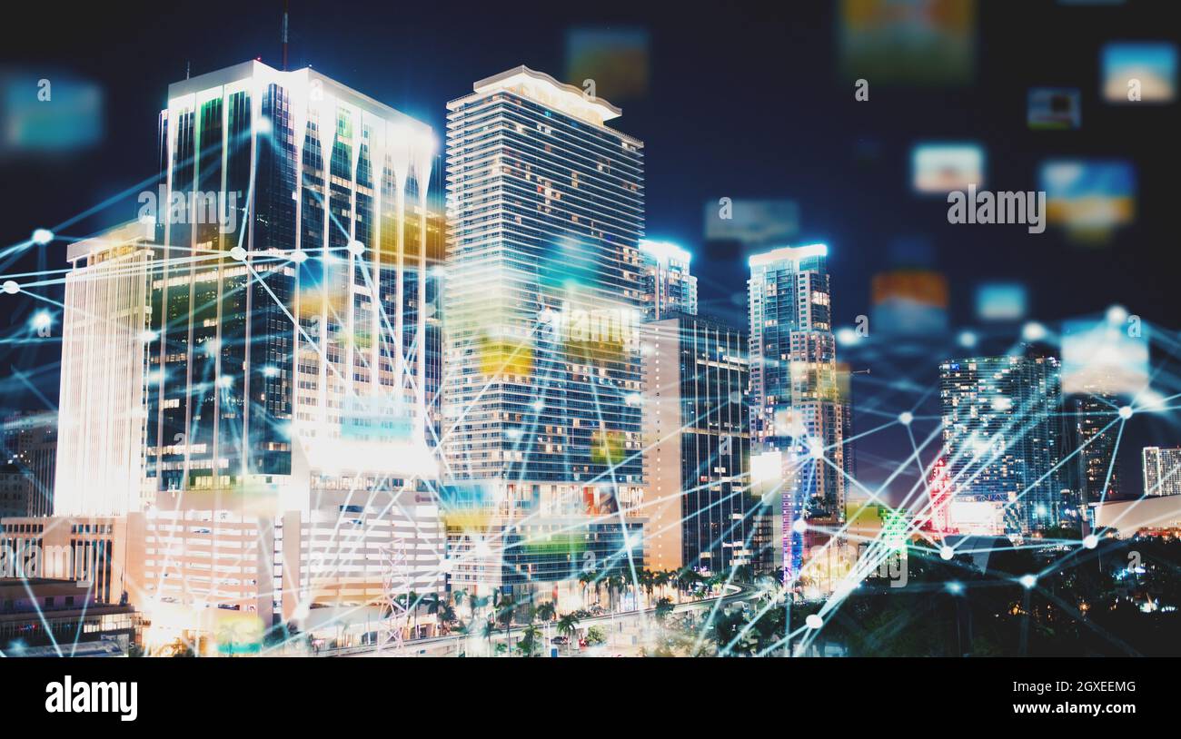 Futuristic abstract internet connection network with night city with ...