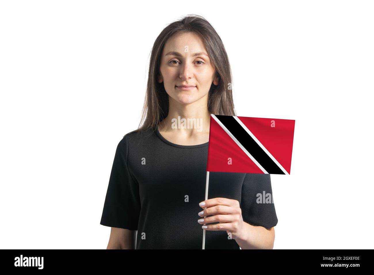 Happy young white girl holding Trinidad and Tobago flag isolated on a ...