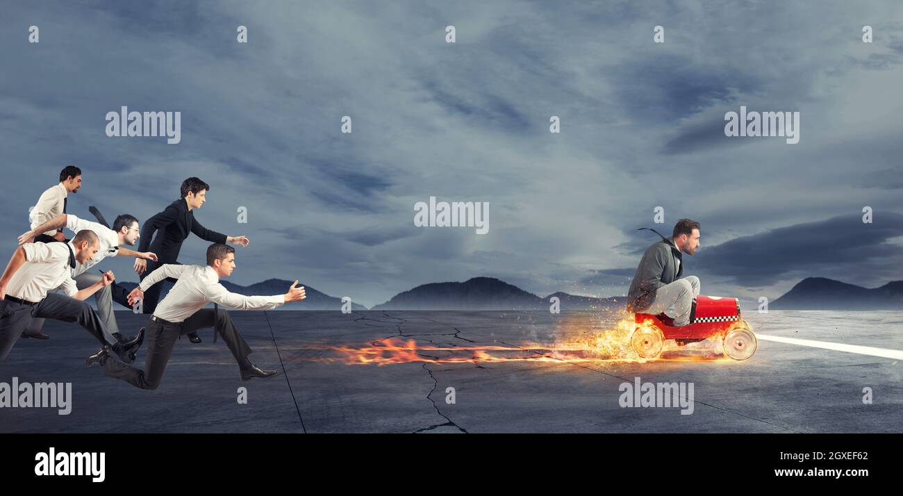 Fast businessman with a car wins against the competitors. Concept of ...