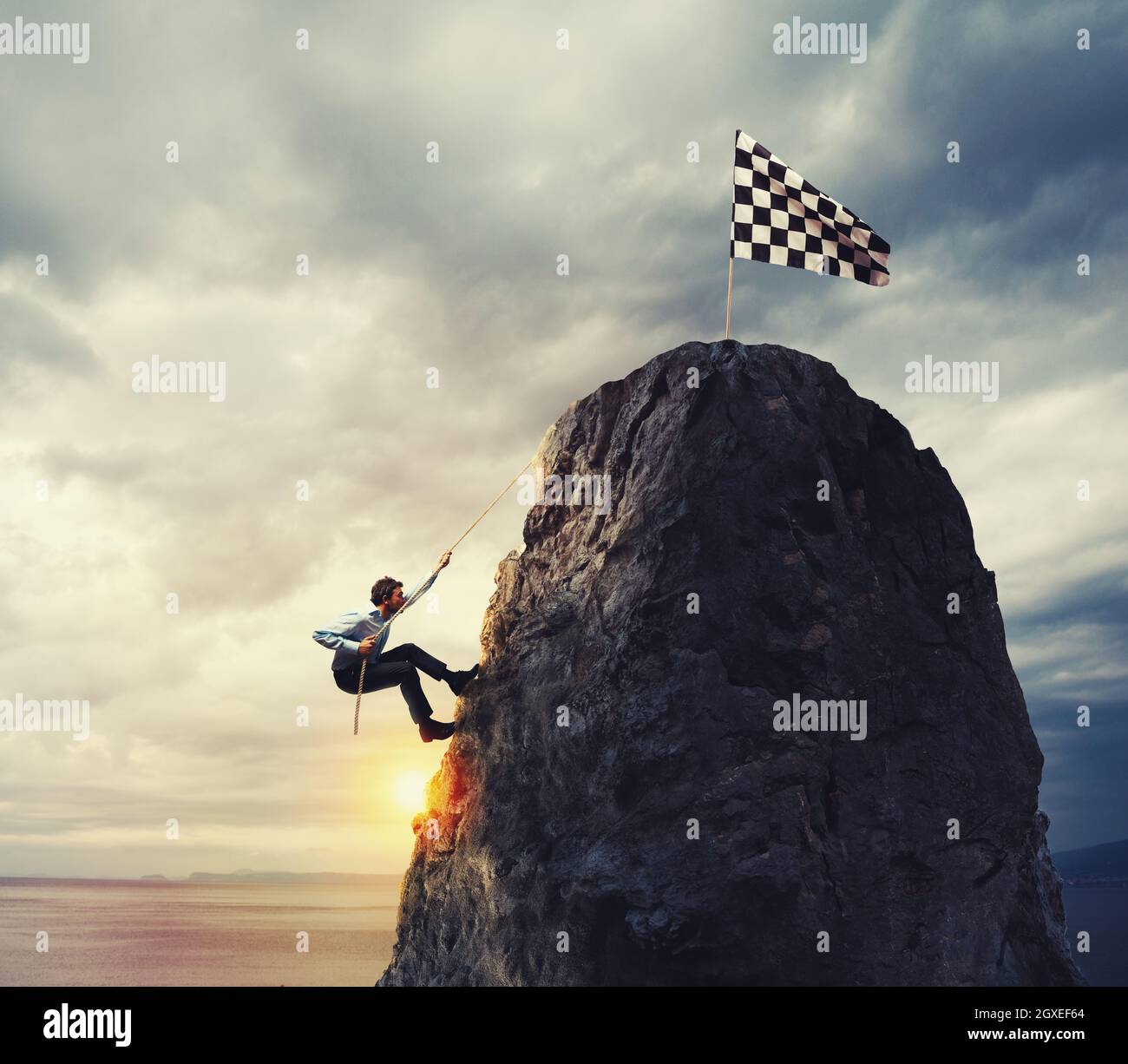 Businessman climb a mountain to get the flag. Achievement business goal ...
