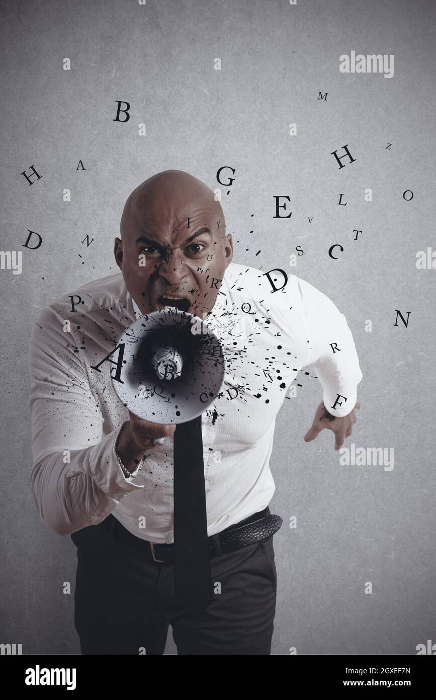 Concept of shouting businessman with flying letter Stock Photo - Alamy