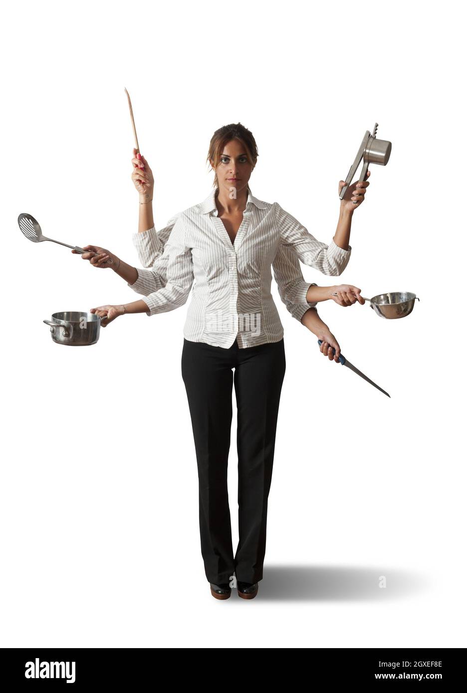 Multitasking woman in kitchen concept Stock Photo - Alamy