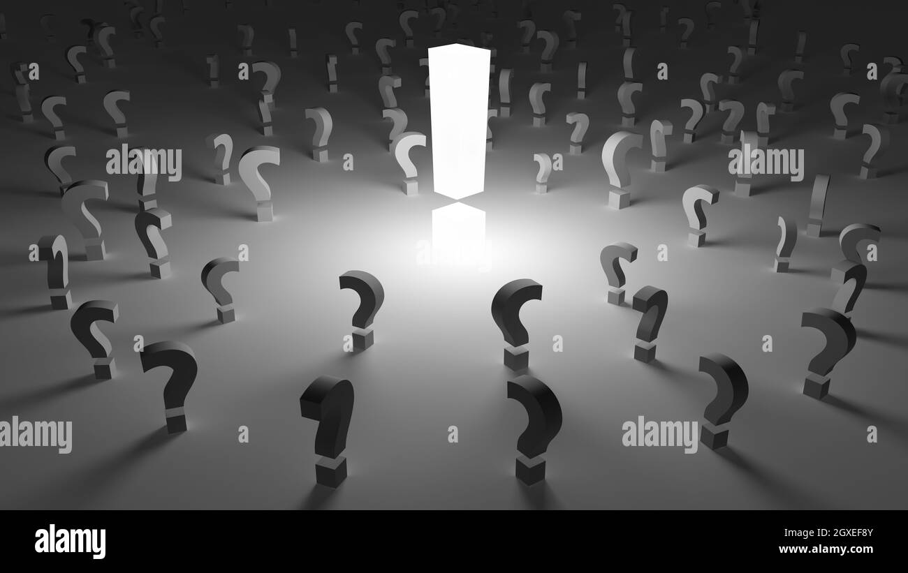 Exclamation sign surrounded by many question marks Stock Photo - Alamy