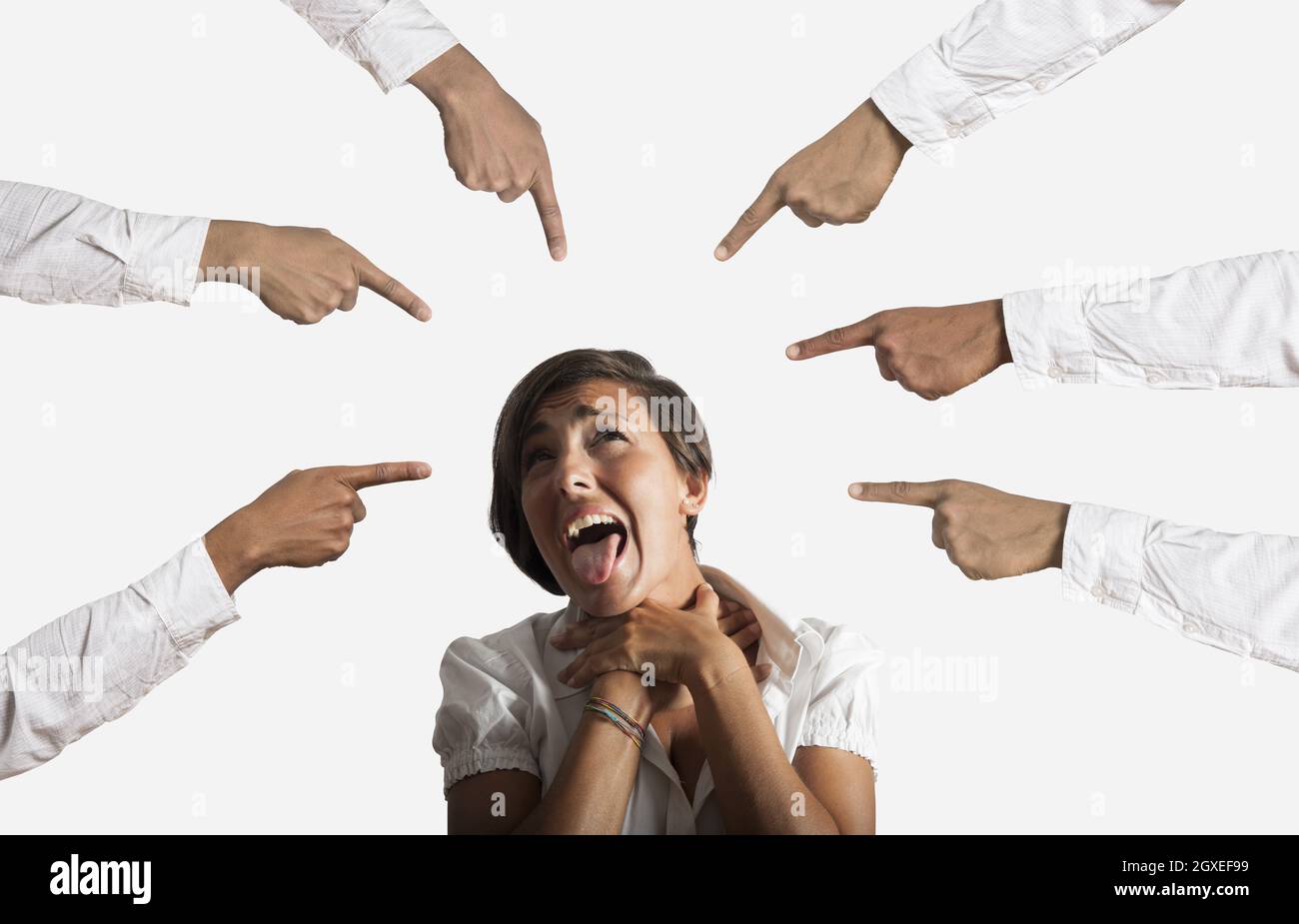 Concept of accused businesswoman with with fingers pointing on white ...