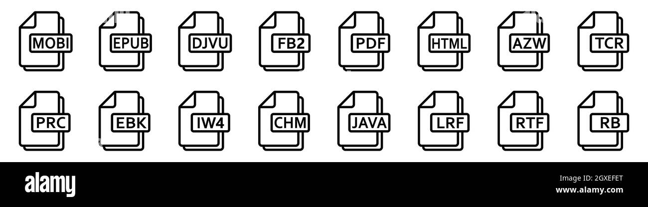 Ebook file format icons. Various ebook formats files. Set of linear icons. Vector illustration ...