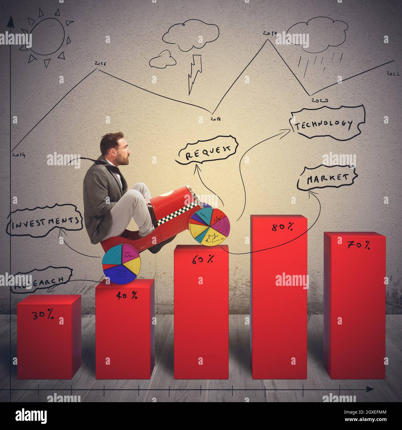 Businessman driving uphill in difficult economic landscape Stock Photo ...