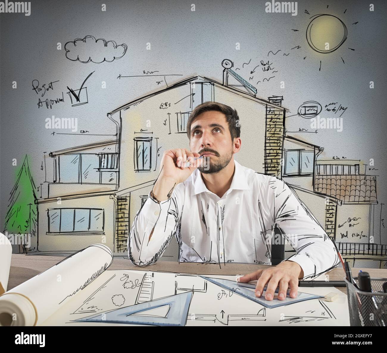 Architect thinks how to design a house Stock Photo - Alamy