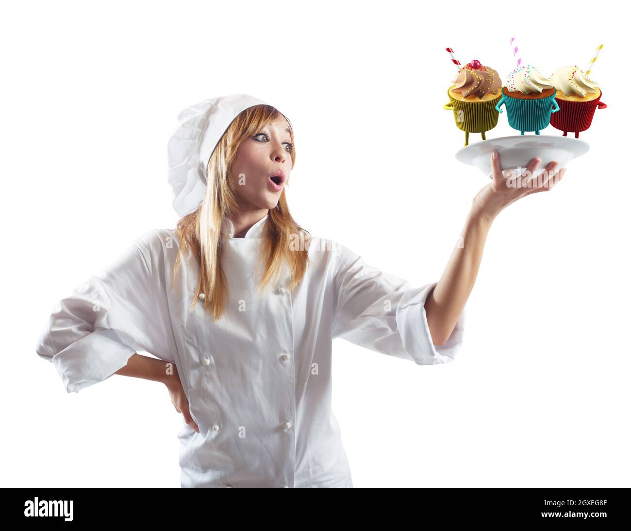 Chef surprised by her delicious dessert pastries Stock Photo - Alamy