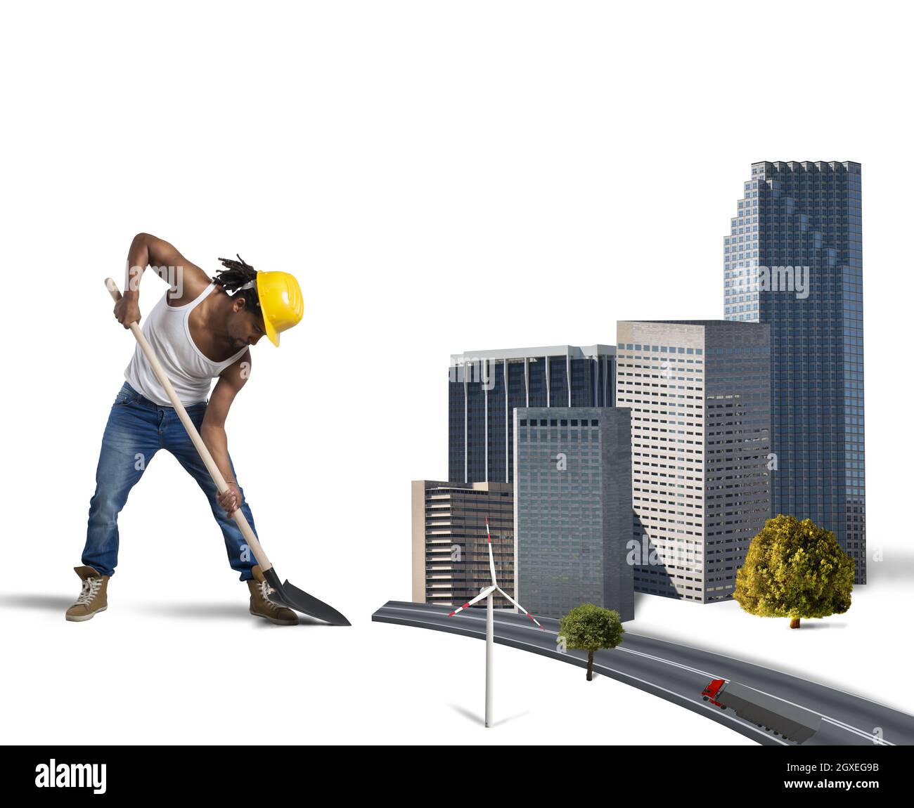 Mason with shovel builds a small town Stock Photo - Alamy