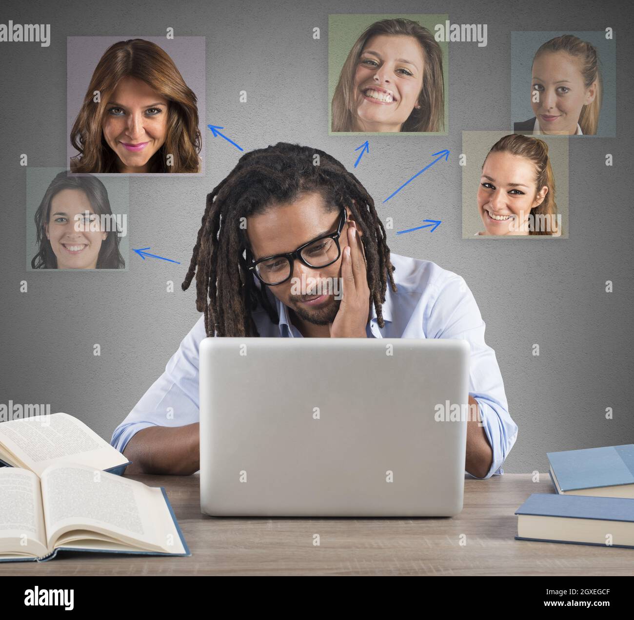 Man chat with girls on social network Stock Photo - Alamy