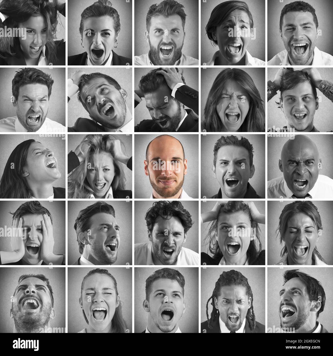 Collage of people yelling and one smiling Stock Photo - Alamy